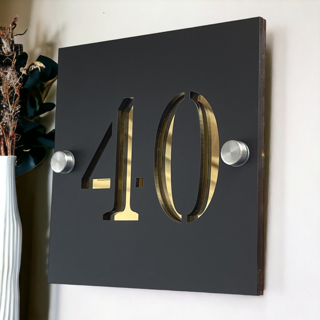 Laser Cut Matt Black & Gold Mirror House Sign Door Numbers Plaque 130mm ...