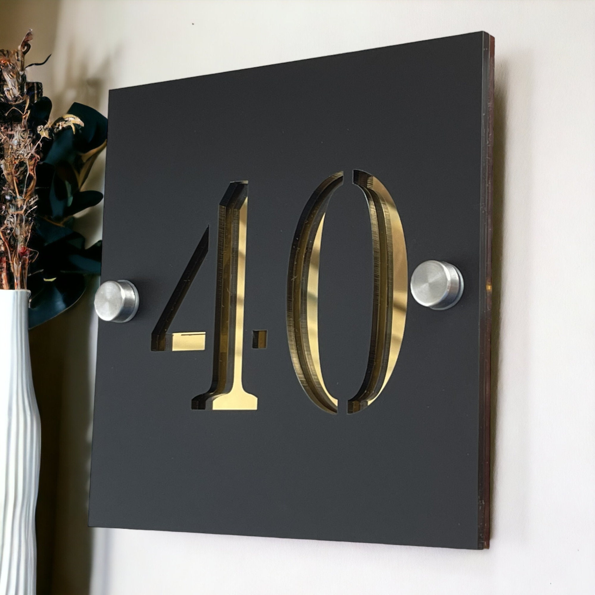 Laser Cut Matt Black & Gold Mirror House Sign Door Numbers Plaque 130mm ...