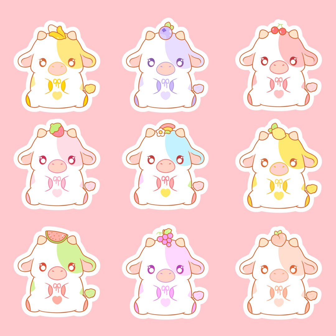 Kawaii Fruits Cows, Rainbow Strawberry Pink Cute HOLOGRAPHIC VINYL ...