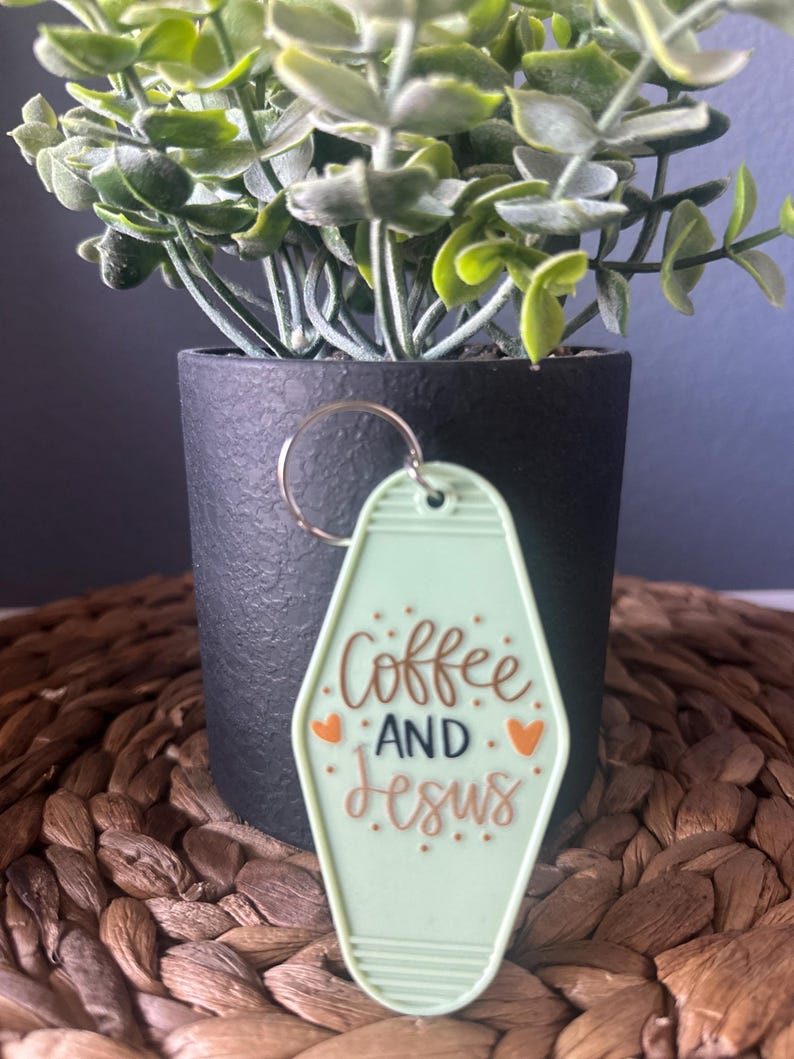 Coffee and Jesus, Sage Green, Retro Motel Keychain - Etsy