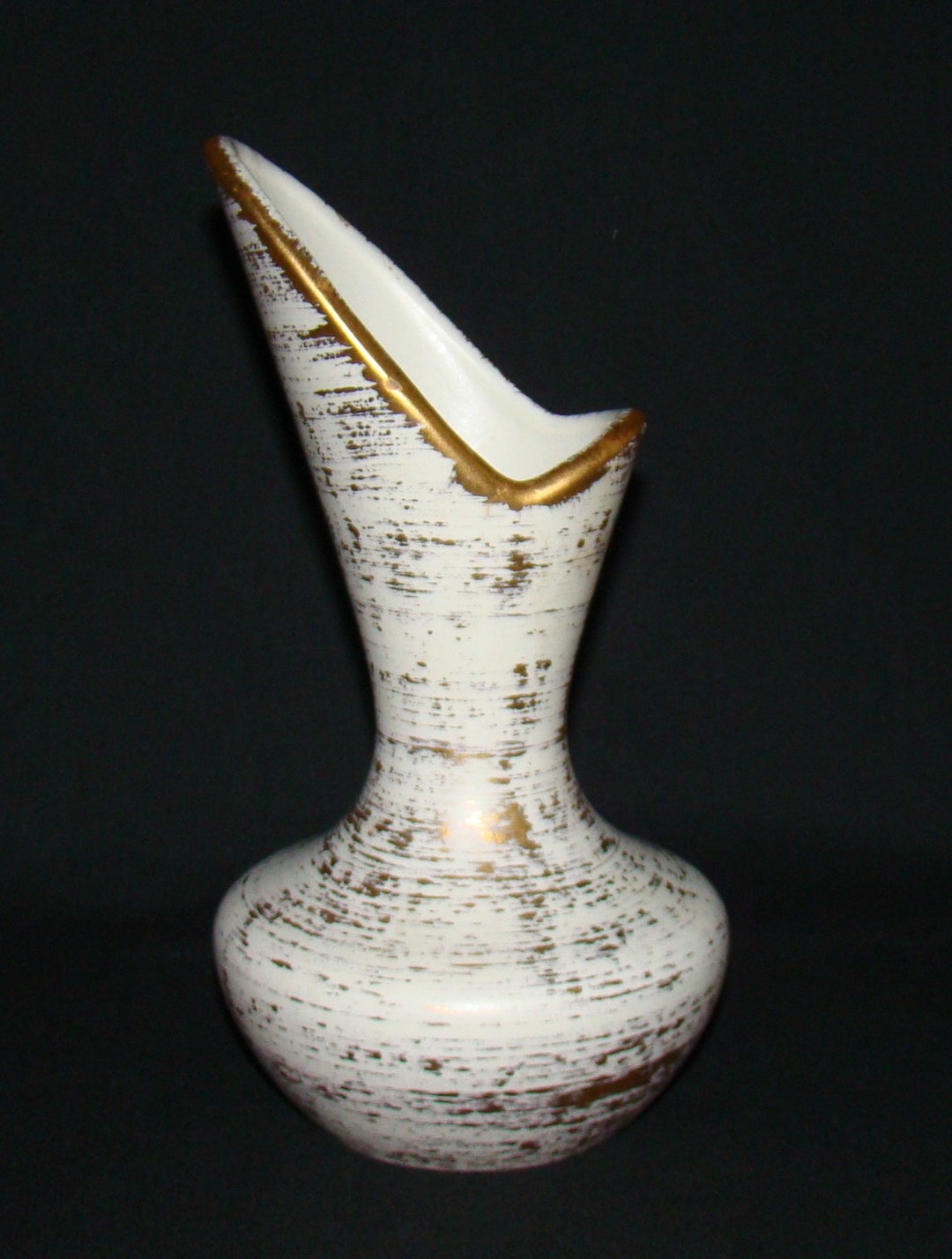 Vintage Mid Century Modern Haeger Cream White Brushed Gold Pottery Vase ...