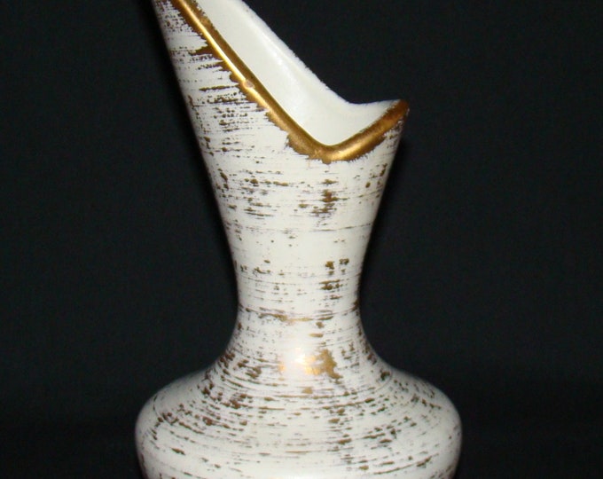Vintage Mid Century Modern Haeger Cream White Brushed Gold Pottery Vase ...