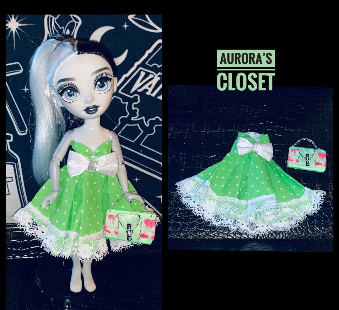 Rainbow High Neon Dress Green Polka Dot Bow Ruffle Flare Retro Custom ...