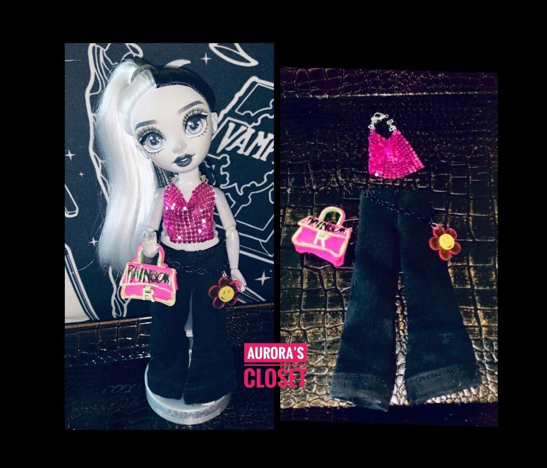 Rainbow High Custom Pink Chainmail Top Black Bell Bottoms Neon Purse ...