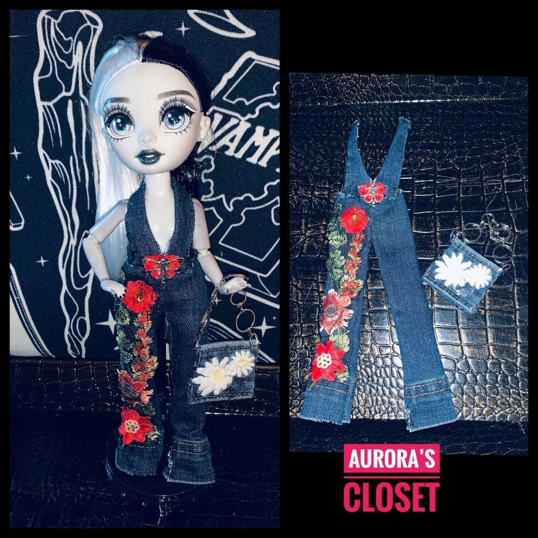 Rainbow High Red Floral Jumpsuit Denim Halter Embroidered Custom Purse ...