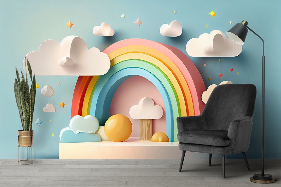 3D Rainbow Wallpaper Kids Removable, Infant Room, Non Woven, Rainbow ...