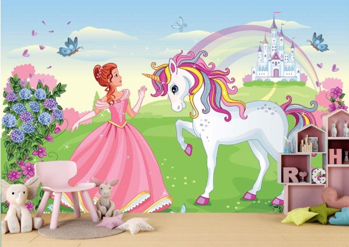 Unicorn With Princess Rainbow Wallpaper, Kids Removable, Infant Room ...