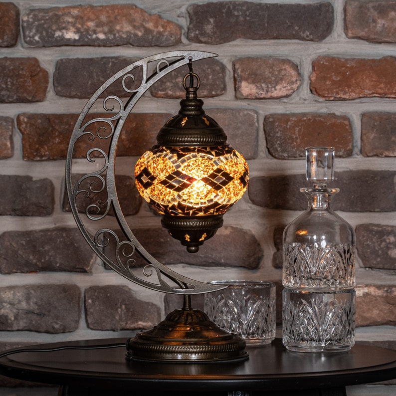 Turkish Mosaic Lamp Crescent Moon Shape, Moroccan Lamps, Antique Home ...