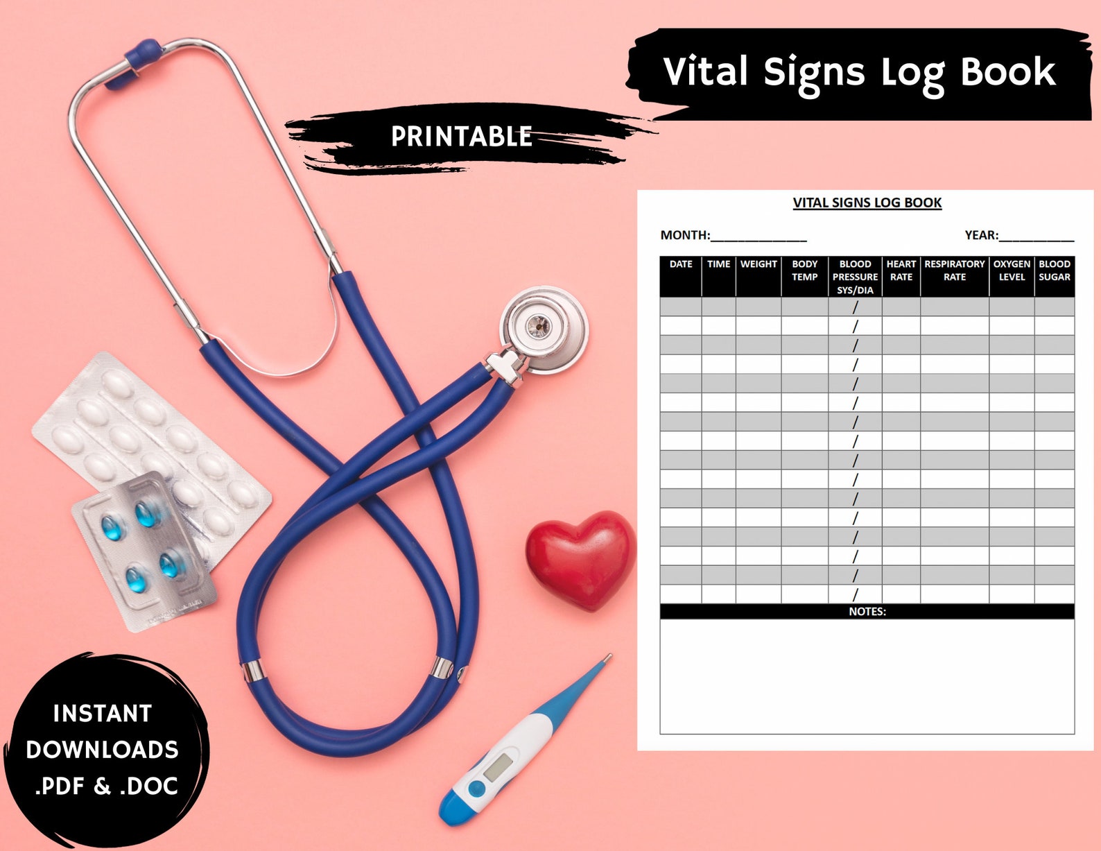 Vital Signs Log PDF, Vital Signs Notes, Vital Signs Log, PDF and DOC - Etsy