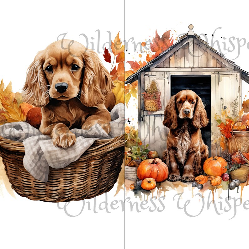 Autumn Cocker Spaniel Watercolor Clipart: 12 Fall Garden JPG White ...