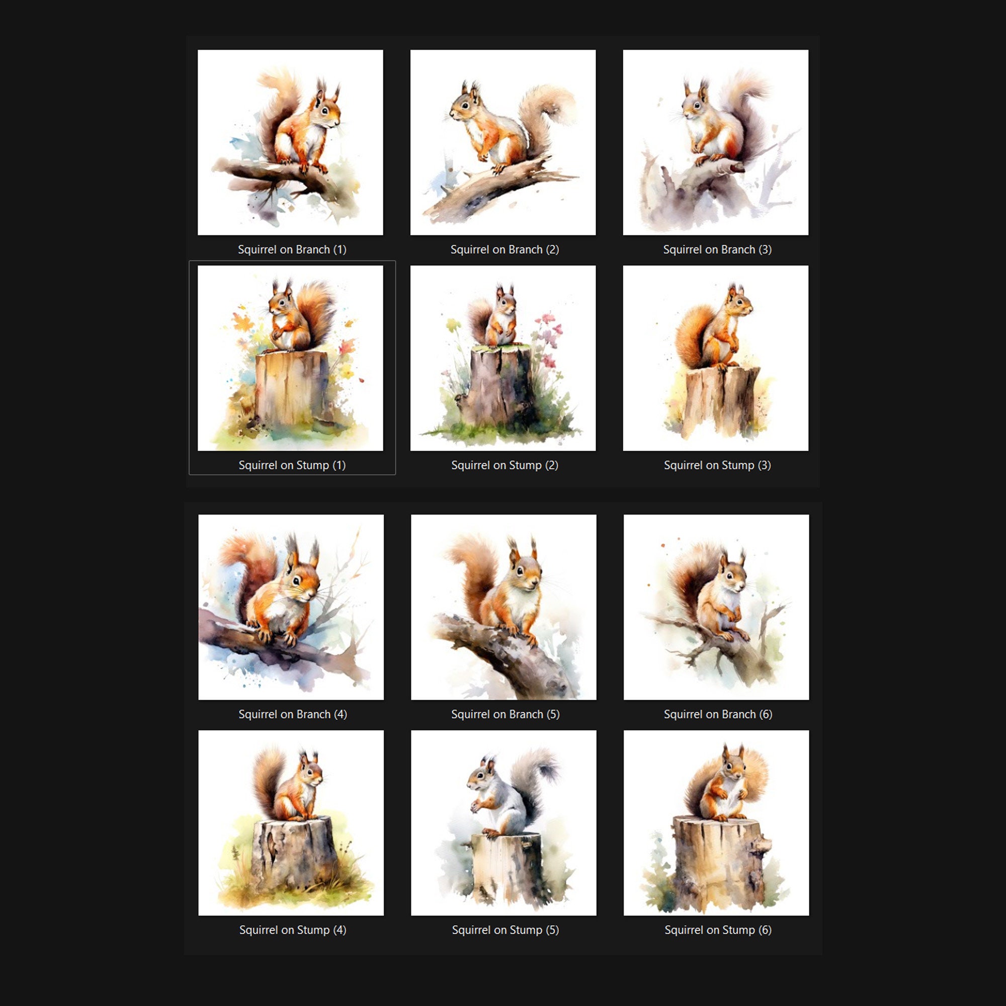 Squirrels on Branches 12 JPG Watercolor Clipart Instant Download Cards ...