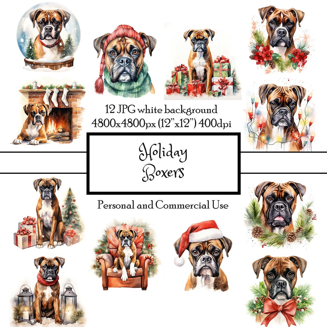 Holiday Boxer Christmas Dogs 12 JPG Watercolor Clipart Instant Download ...