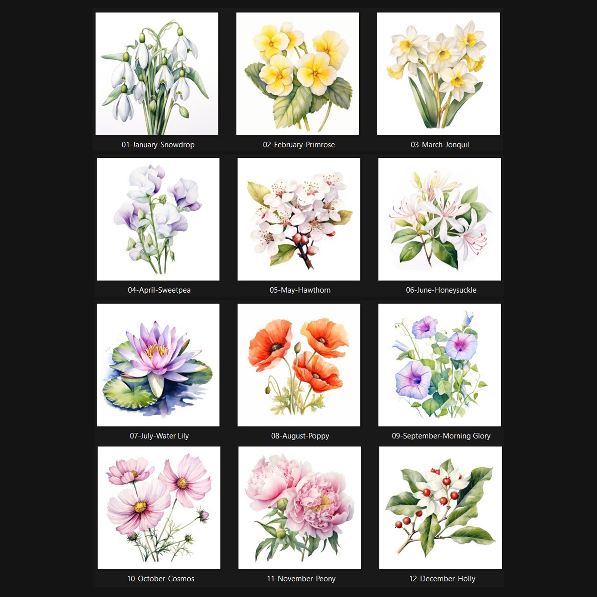 Birth Flowers Secondary 12 JPG Watercolor Clipart Instant Download ...
