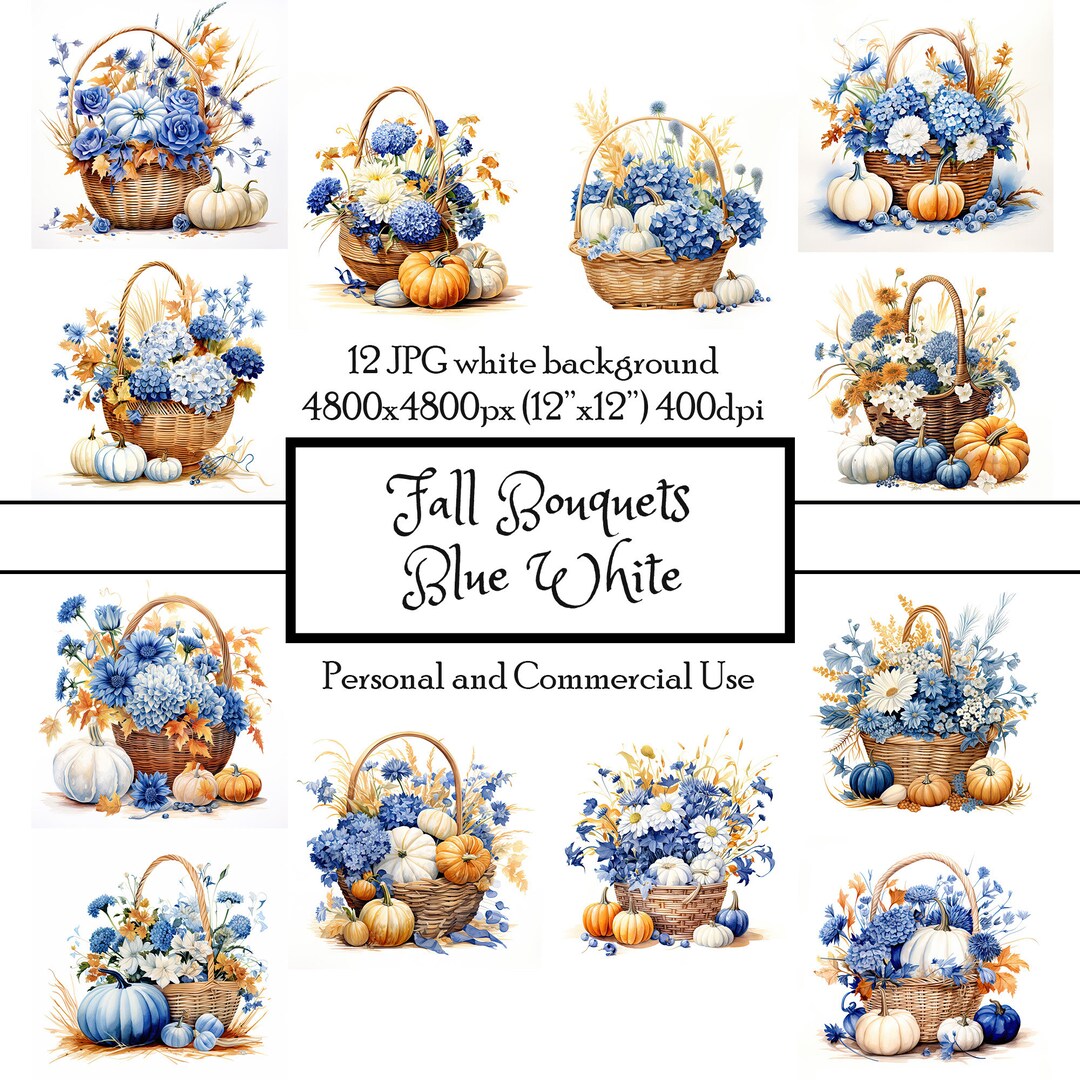 Watercolor Fall Bouquet Clipart: 12 Blue & White Autumn Baskets (JPG ...