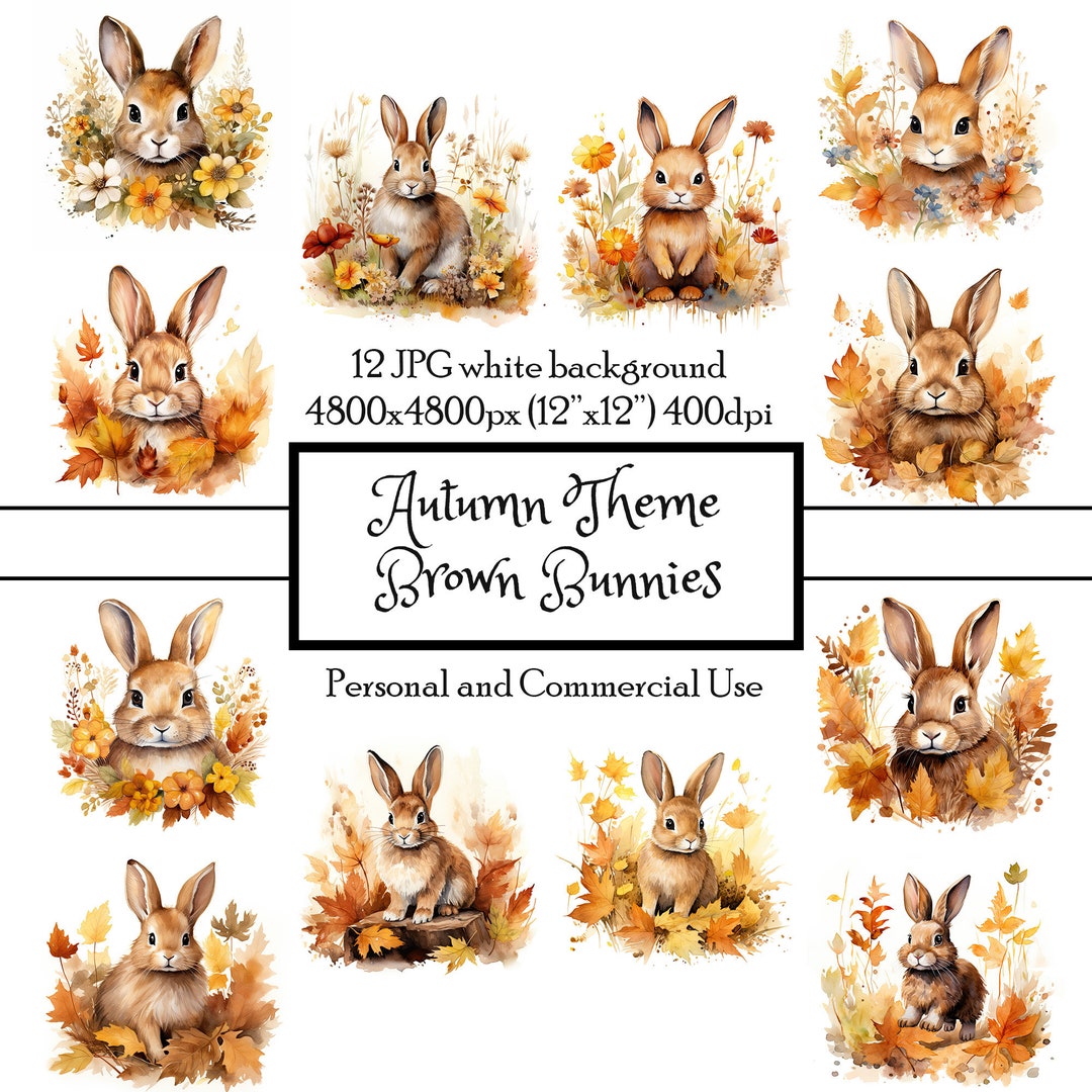 12 Watercolor Fall Bunnies Clipart: Autumn Forest Animals (JPG White ...
