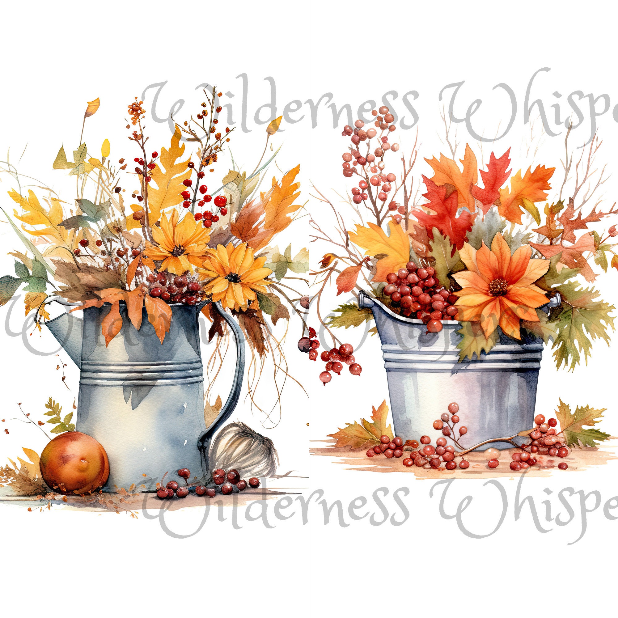 Fall Flowers in Buckets 12 JPG Watercolor Clipart Instant Download ...