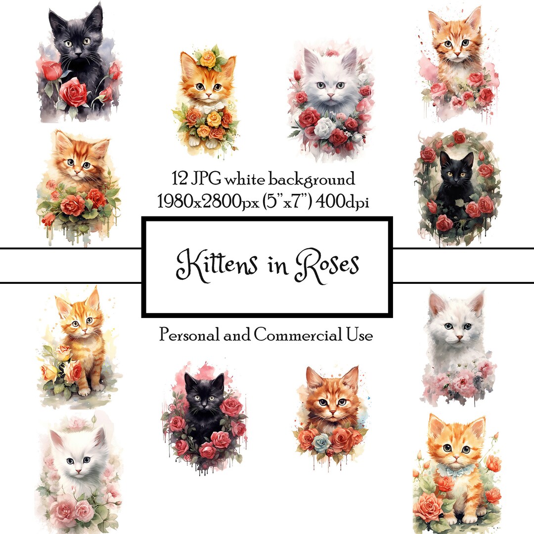 Kittens Cats in Roses 12 JPG Watercolor Clipart Instant Download | Card ...