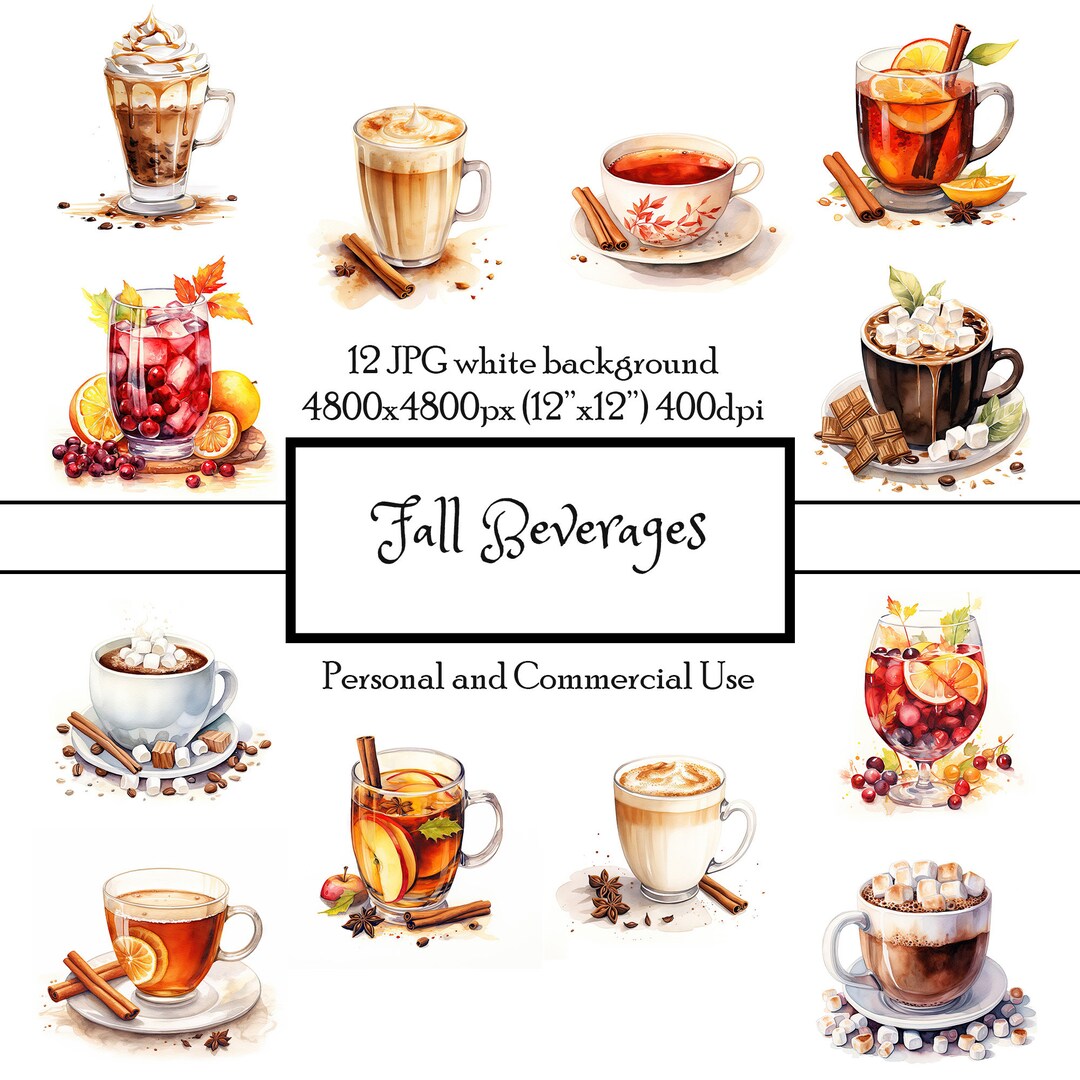 Fall Beverages Hot Cocoa Chai Tea Sangria Apple Cider 12 JPG Watercolor ...