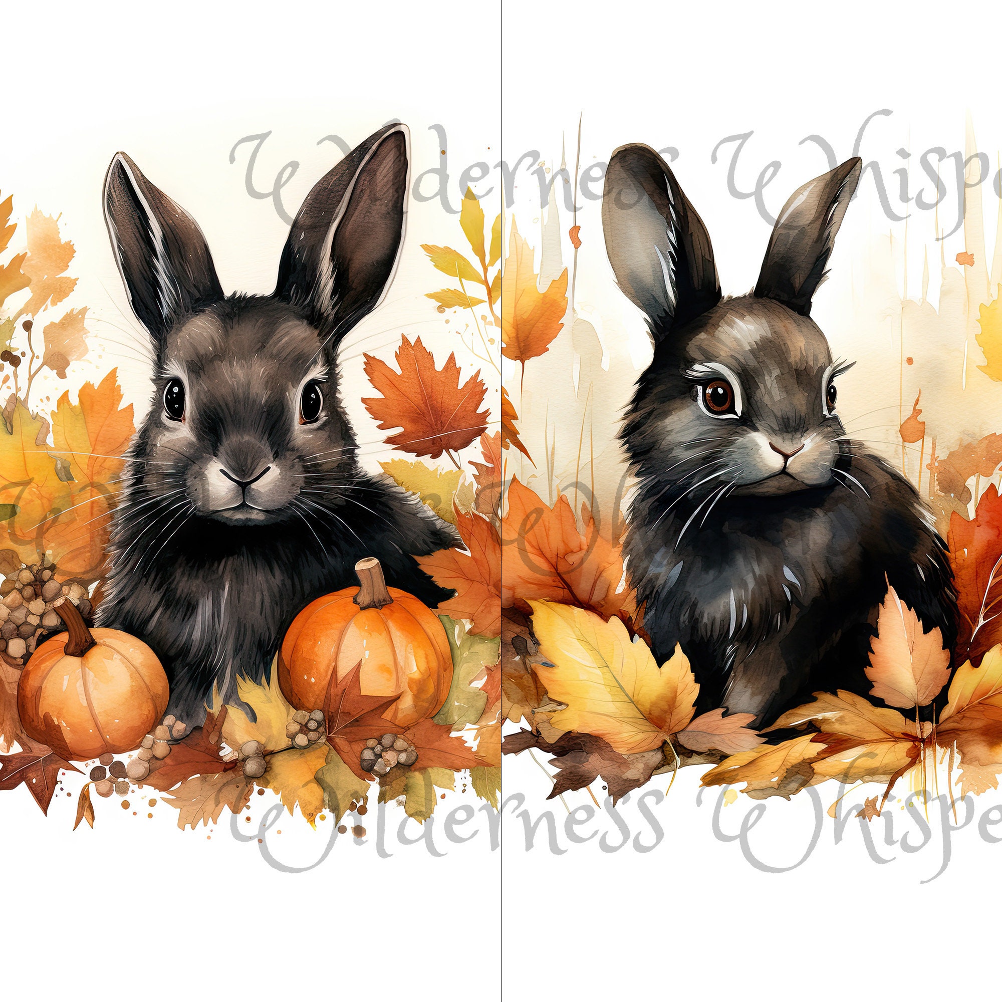 Black Bunnies Fall Forest 12 JPG Watercolor Clipart Instant Download ...