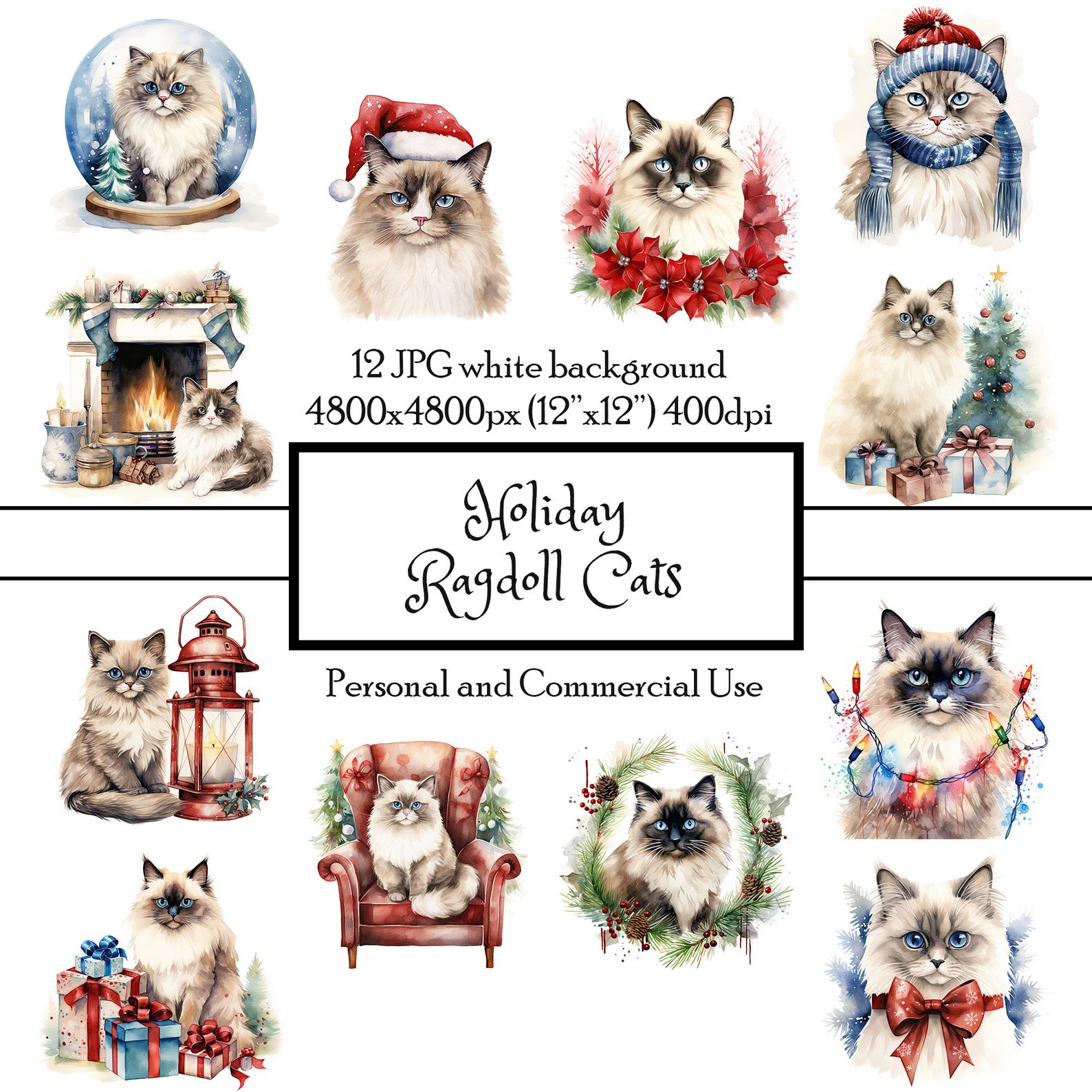 Holiday Ragdoll Cats Christmas Kitties 12 JPG Watercolor Clipart ...
