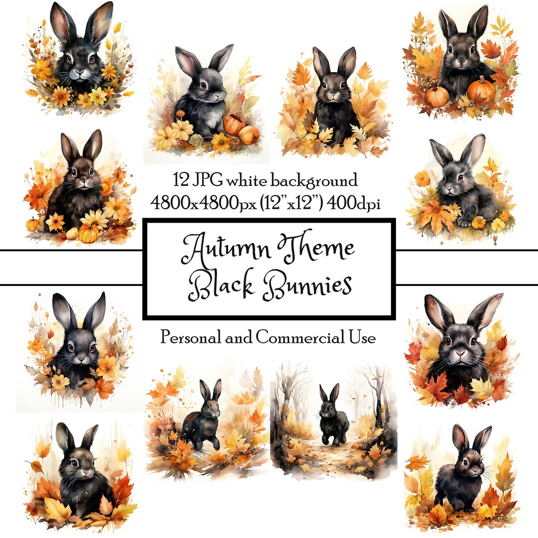 Black Bunnies Fall Forest 12 JPG Watercolor Clipart Instant Download ...