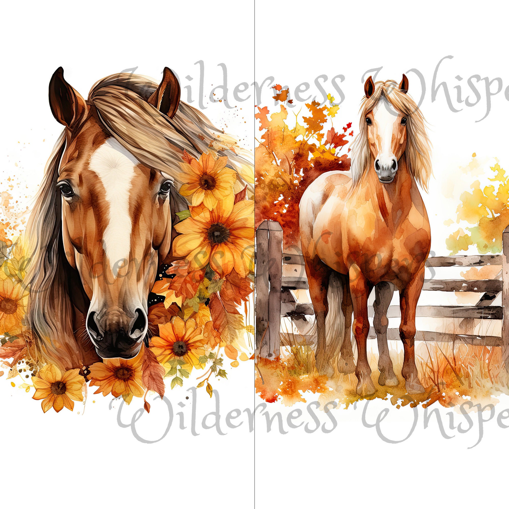 Autumn Horses Watercolor Clipart: 12 Fall Farm JPG White Background ...