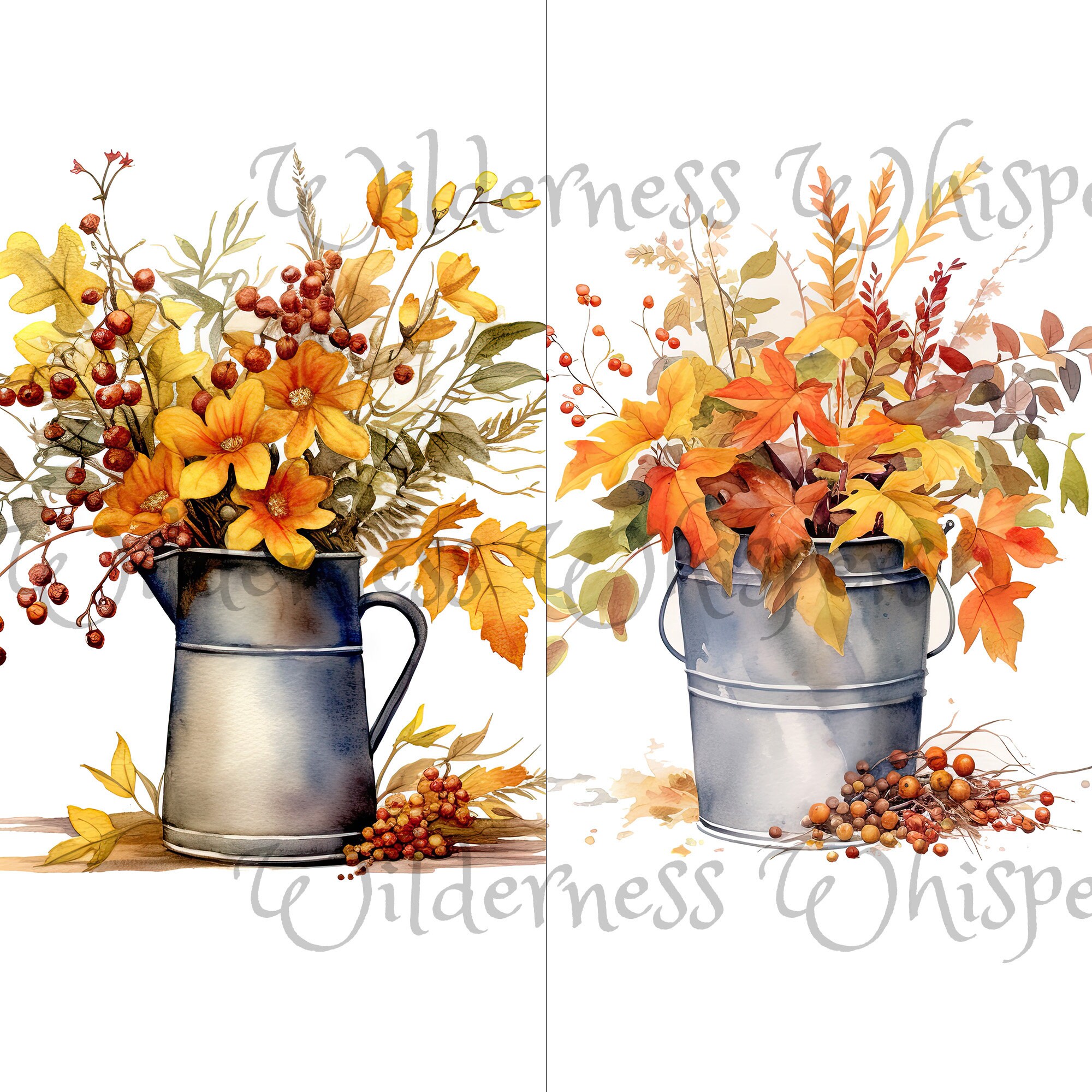Fall Flowers in Buckets 12 JPG Watercolor Clipart Instant Download ...