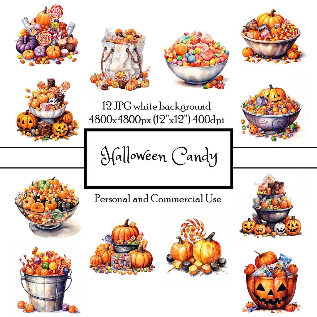 Watercolor Halloween Candy Clipart: 12 Junk Journal Jpgs White ...