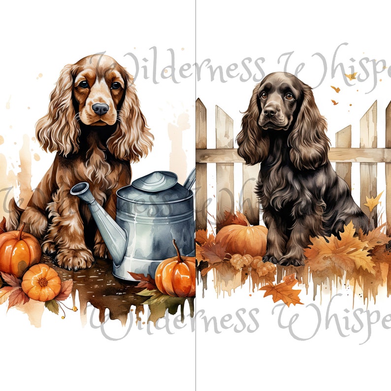 Autumn Cocker Spaniel Watercolor Clipart: 12 Fall Garden JPG White ...
