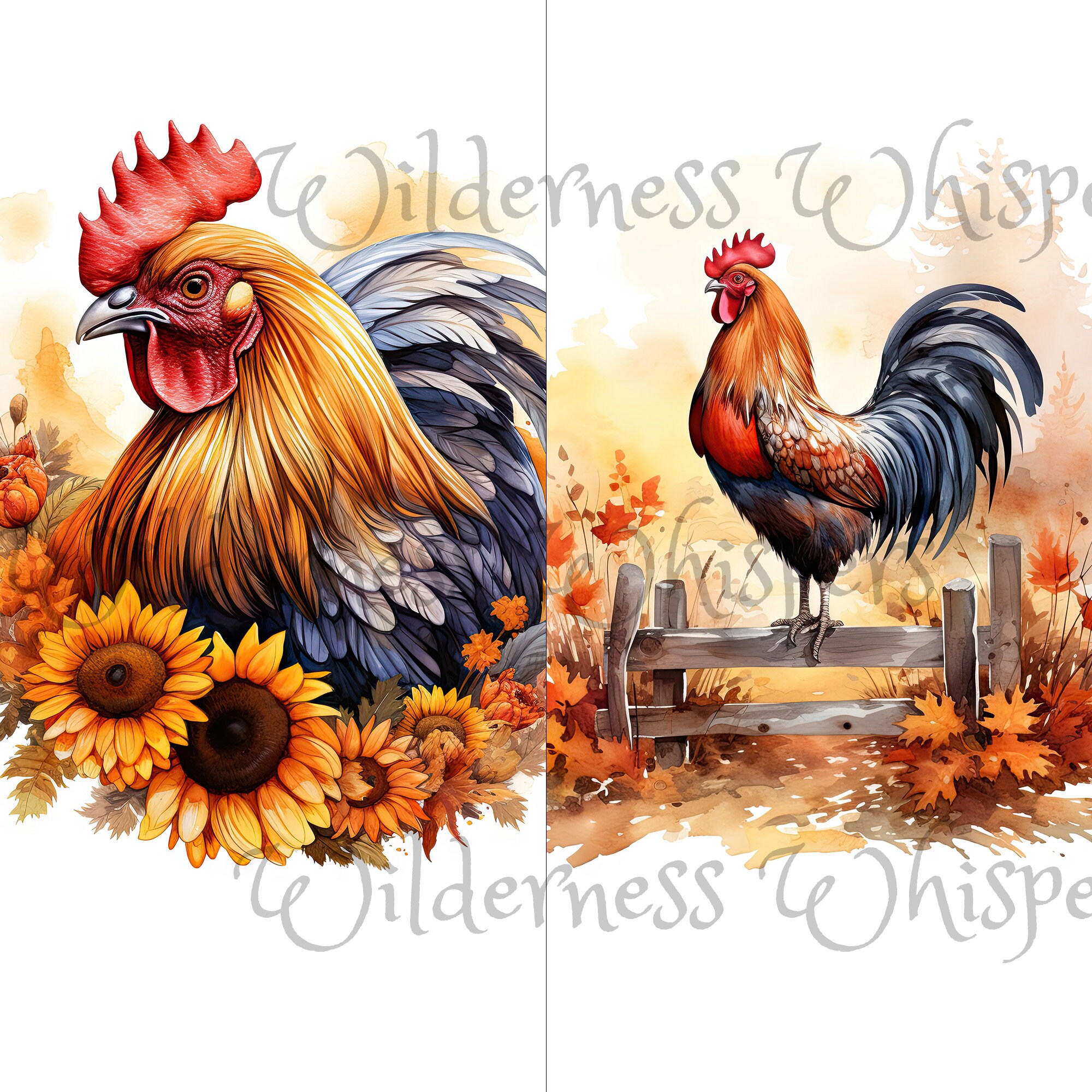 Roosters Autumn Fall Farm 12 JPG Watercolor Clipart Instant Download ...