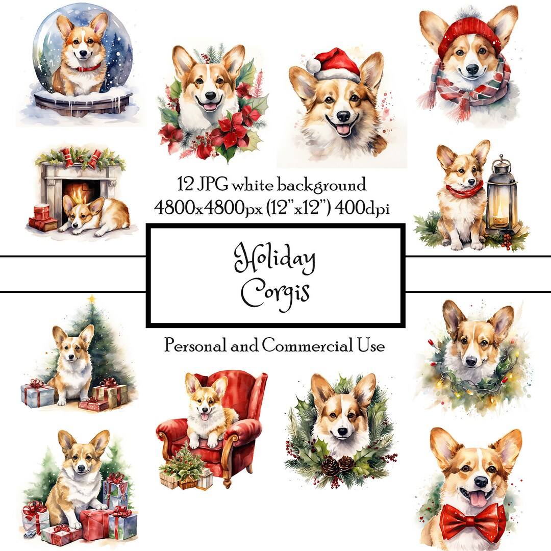Holiday Corgis Christmas Dog 12 JPG Watercolor Clipart Instant Download ...