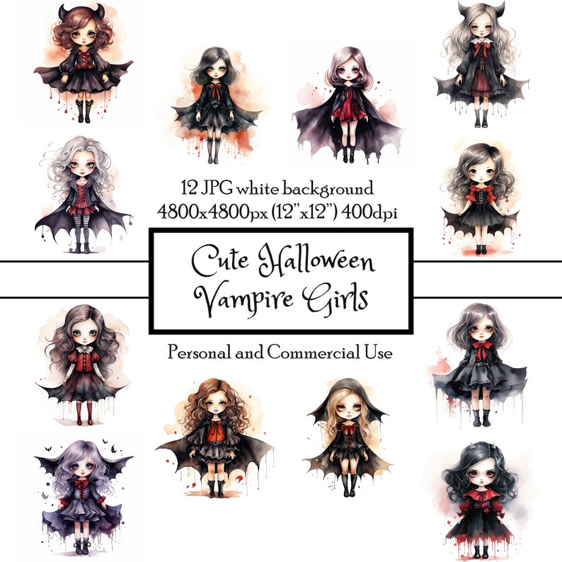 Cute Halloween Vampire Girls 12 JPG Watercolor Clipart Instant Download ...