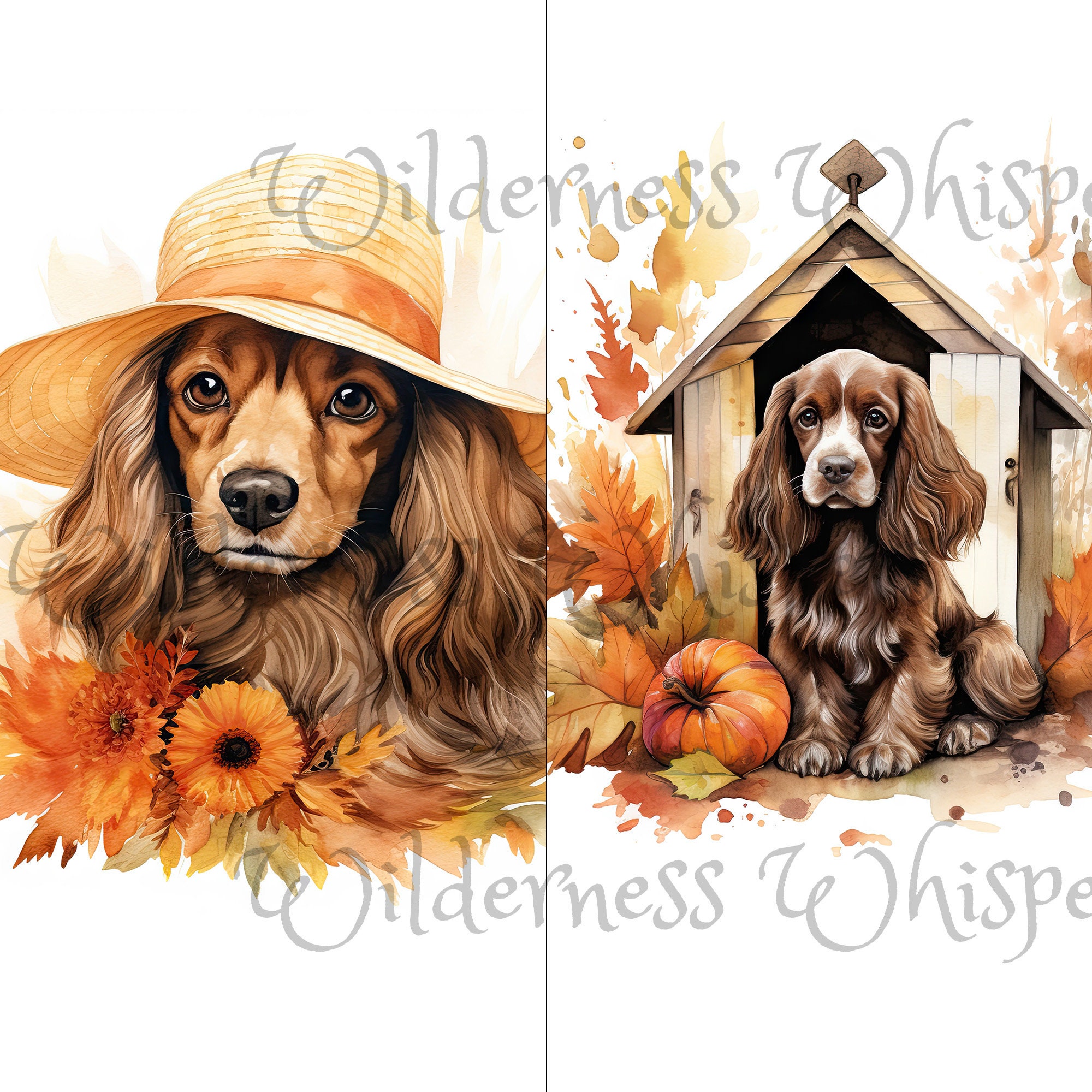 Autumn Cocker Spaniel Watercolor Clipart: 12 Fall Garden JPG White ...