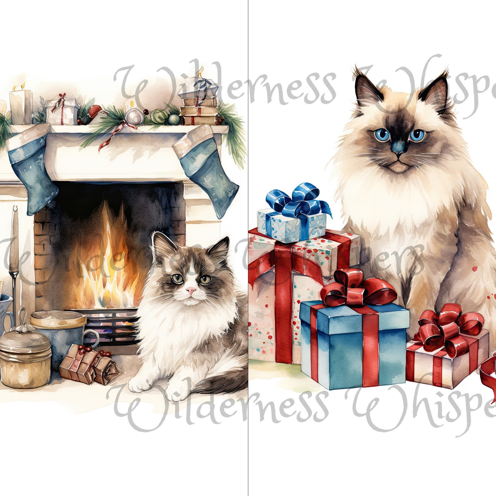 Holiday Ragdoll Cats Christmas Kitties 12 JPG Watercolor Clipart ...