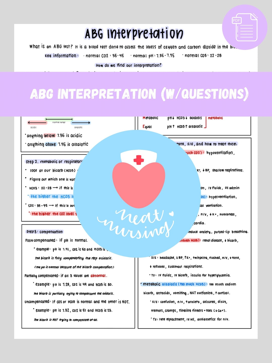 ABG Interpretation With Practice Questions, nursing Study Sheet ...