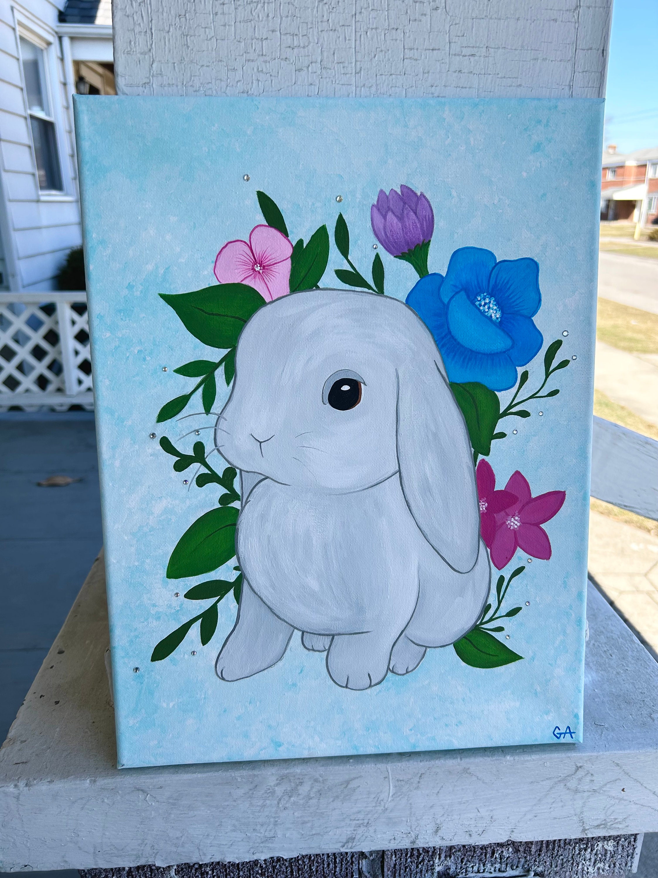 Easter Wall Art Decor Original Bunny Floral 12x16'' Acrylic on ...