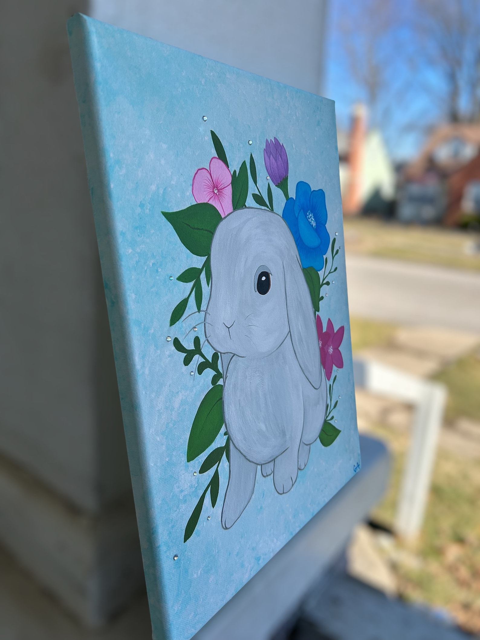 Easter Wall Art Decor Original Bunny Floral 12x16'' Matte Acrylic on ...