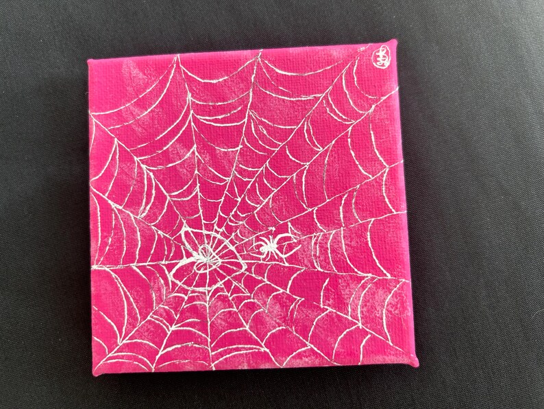Pink Spider Web Wall Art Painting 4x4 Inch Stretched Canvas Matte ...