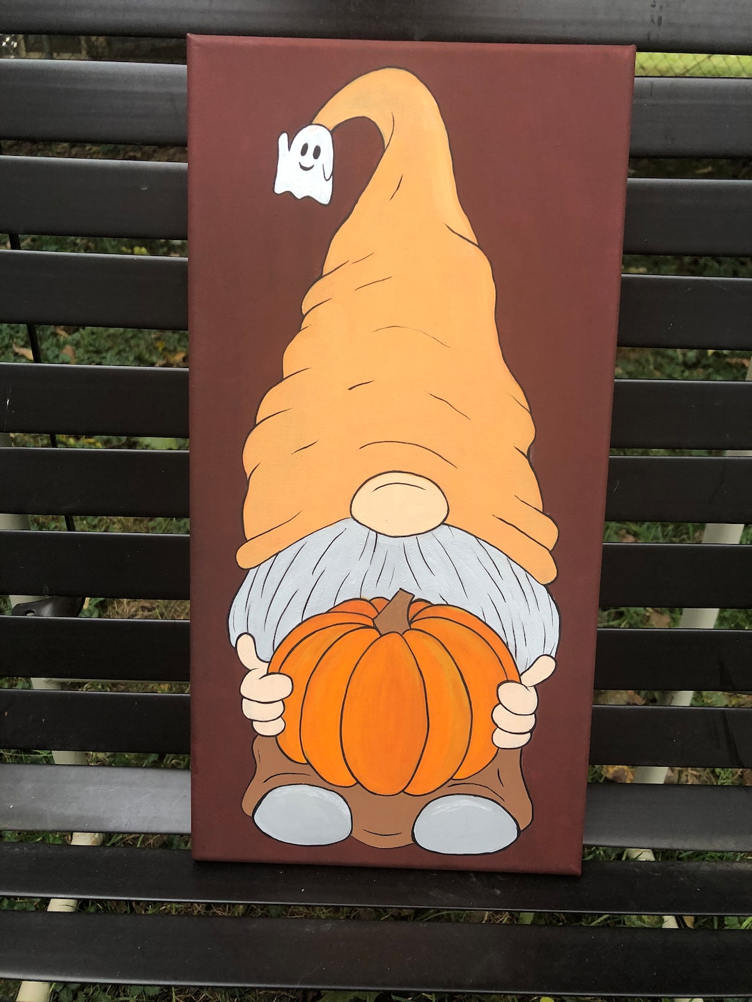 Fall Halloween Wall Art Decor 'ghost Gnome' Painting 7x14 Inch Acrylic ...