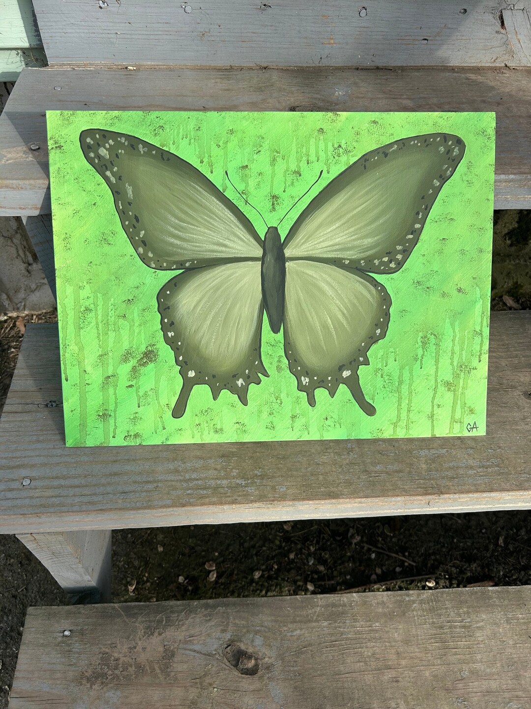 Abstract Green Butterfly Wall Art Acrylic Painting Original 12x16 Inch ...