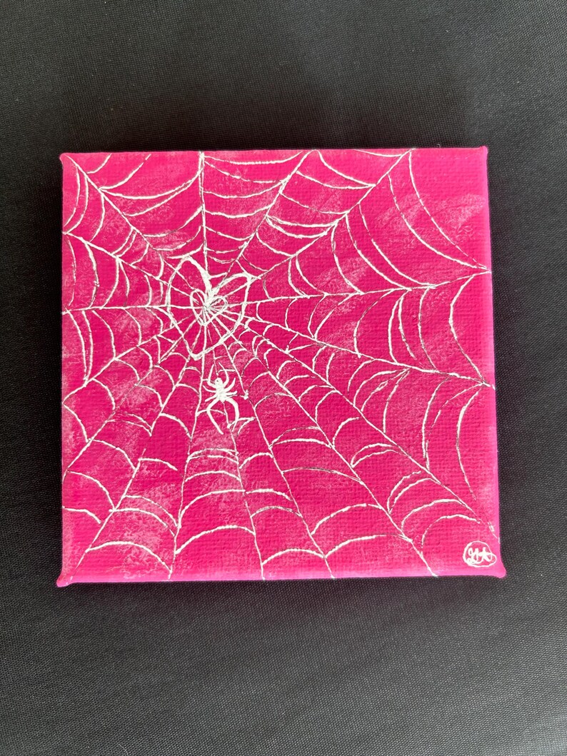 Pink Spider Web Wall Art Painting 4x4 Inch Stretched Canvas Matte ...