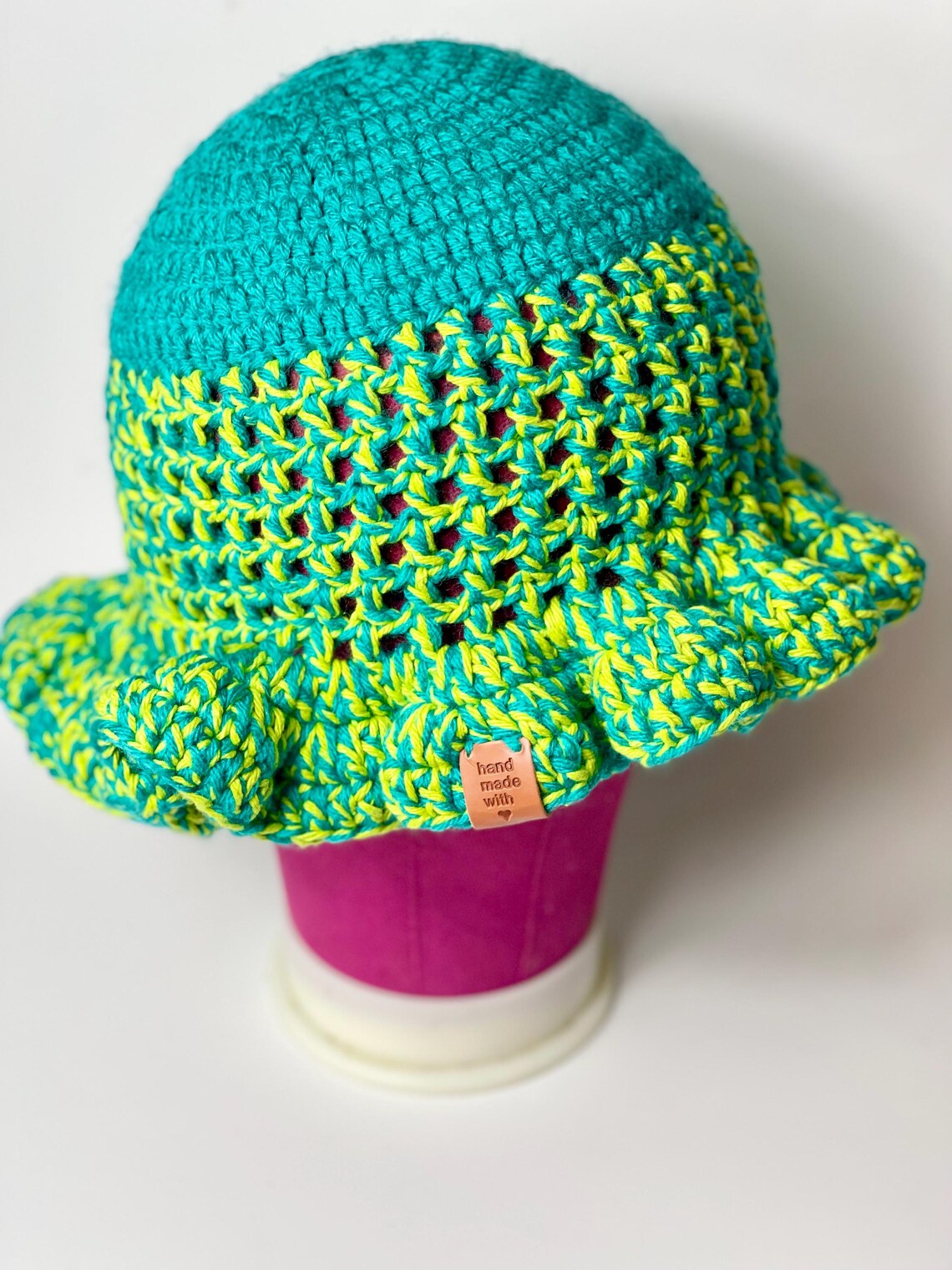 Handmade Crochet Mesh Pattern Ruffle Trim Bucket Hat – Lightweight ...