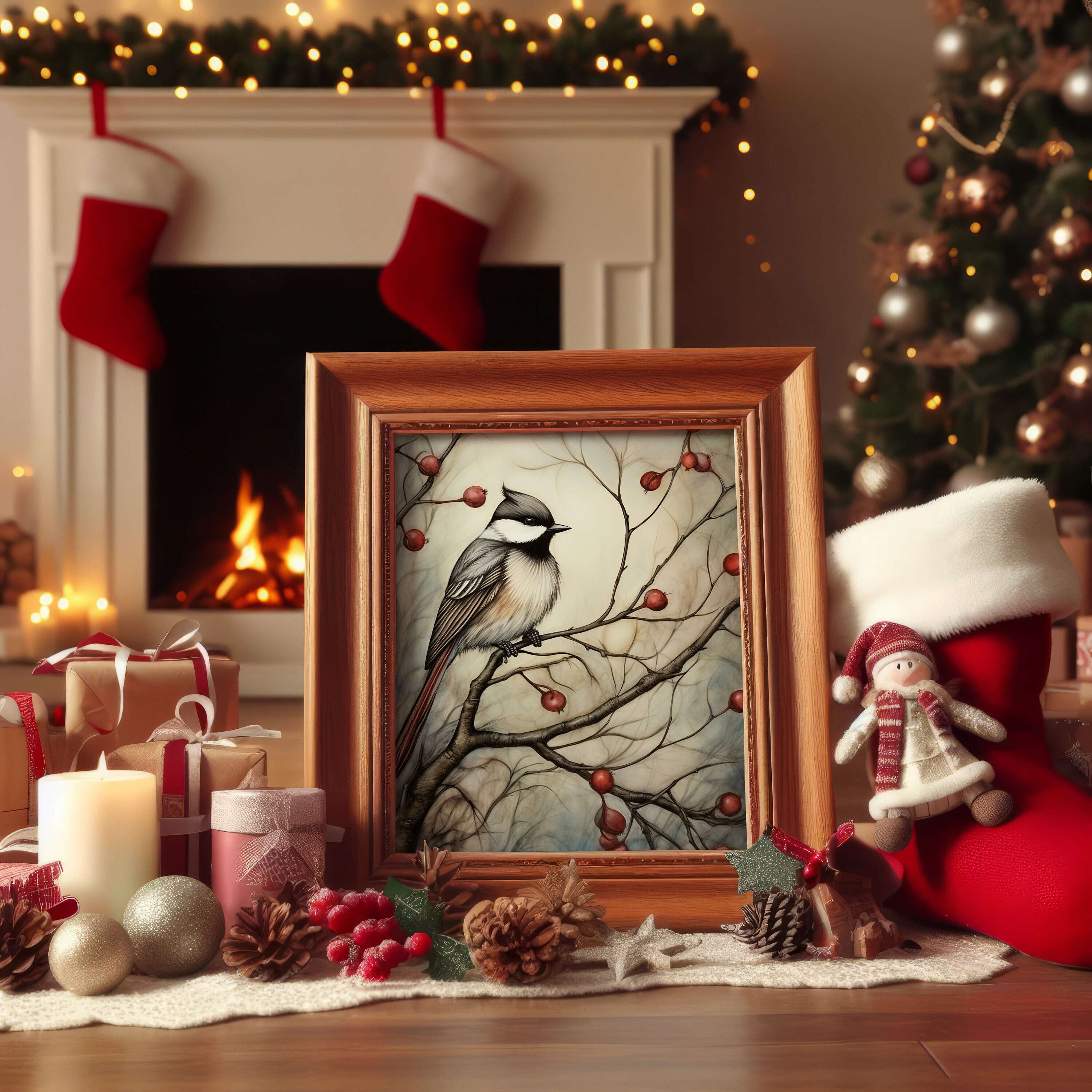 Printable Christmas Tree Bird Wall Art Rustic Christmas Wall - Etsy