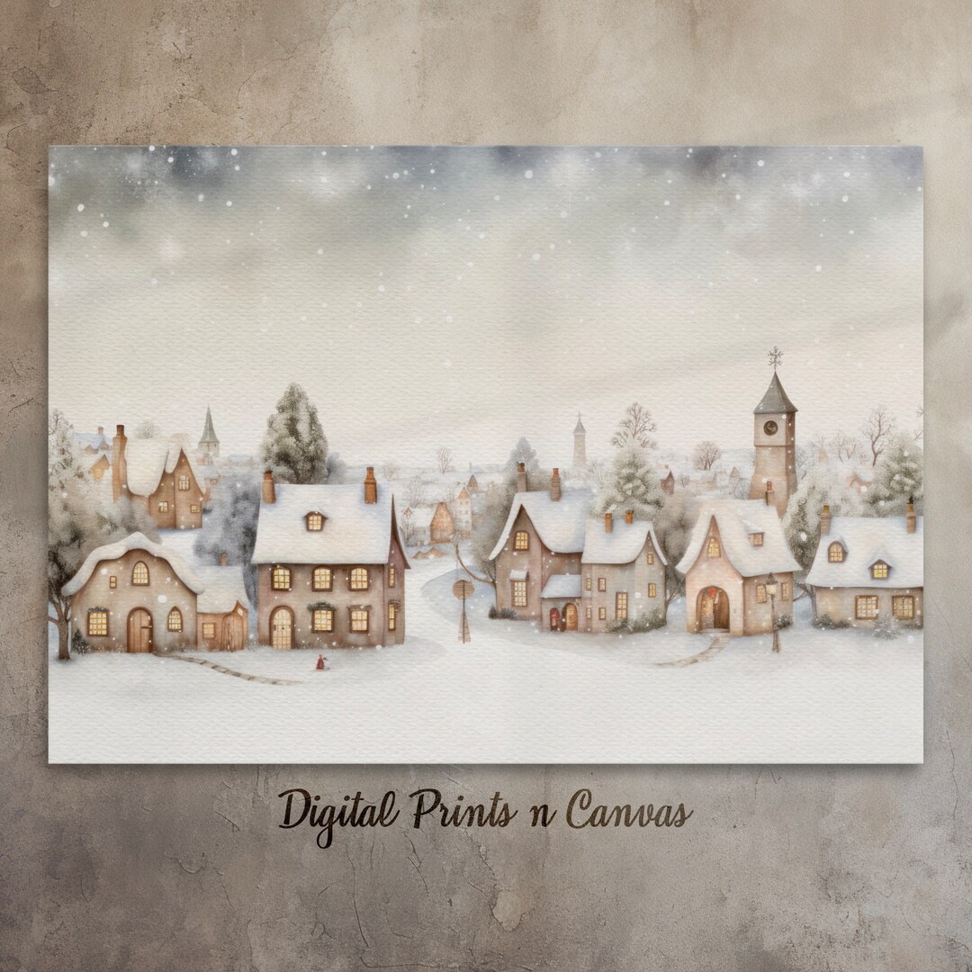 Printable Christmas Village, Vintage Christmas Town Print, Snowy ...