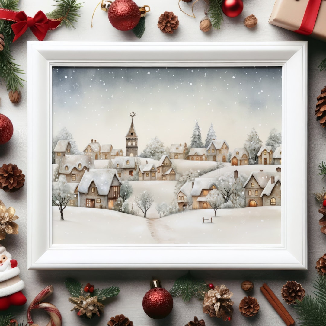 Snowy Christmas Village, Vintage Christmas Town Wall Art, Winter ...