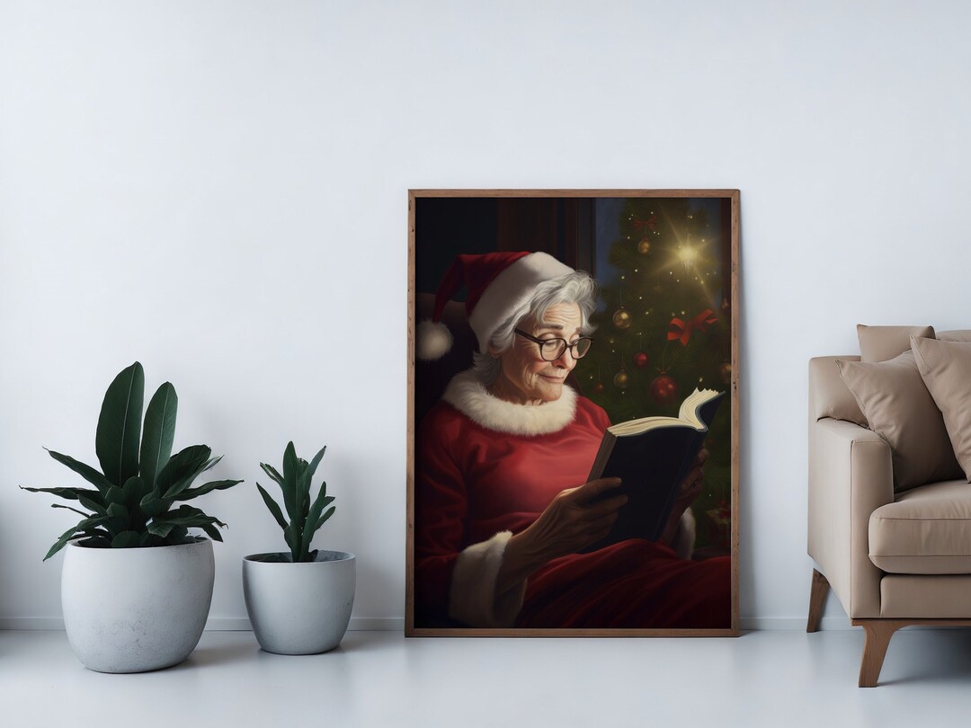 Mrs Claus Reading Book by Christmas Tree Wall Art, Vintage Christmas ...