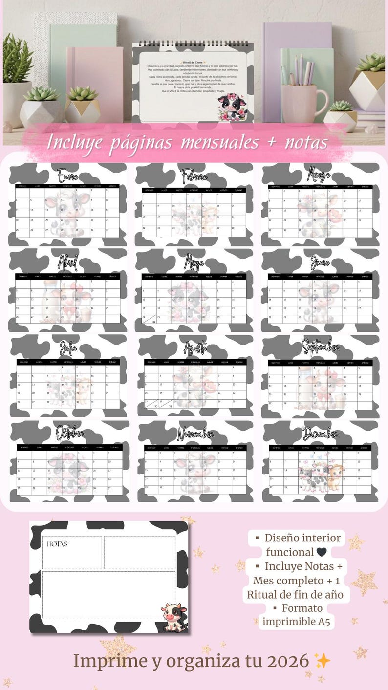 Cute Cow Printable 2026 Calendar | PDF Desk Calendar | Monthly Planner ...