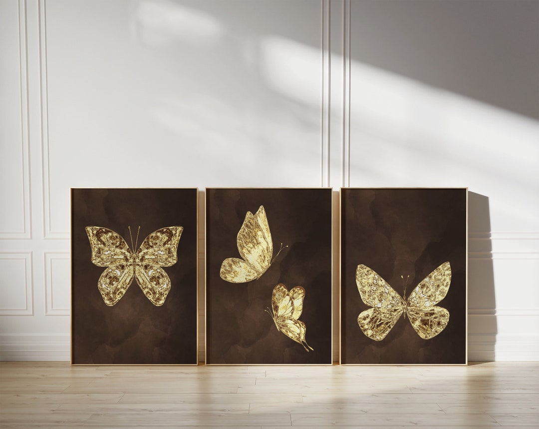 Gold Butterfly Print Set of 3, Gold Wall Art, Butterfly Decor ...