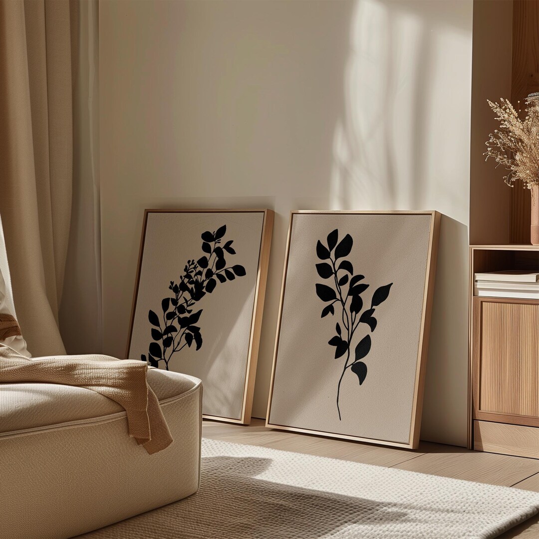 Botanical Canvas Print Set: Beige & Black Leaves, Framed Wall Art - Etsy