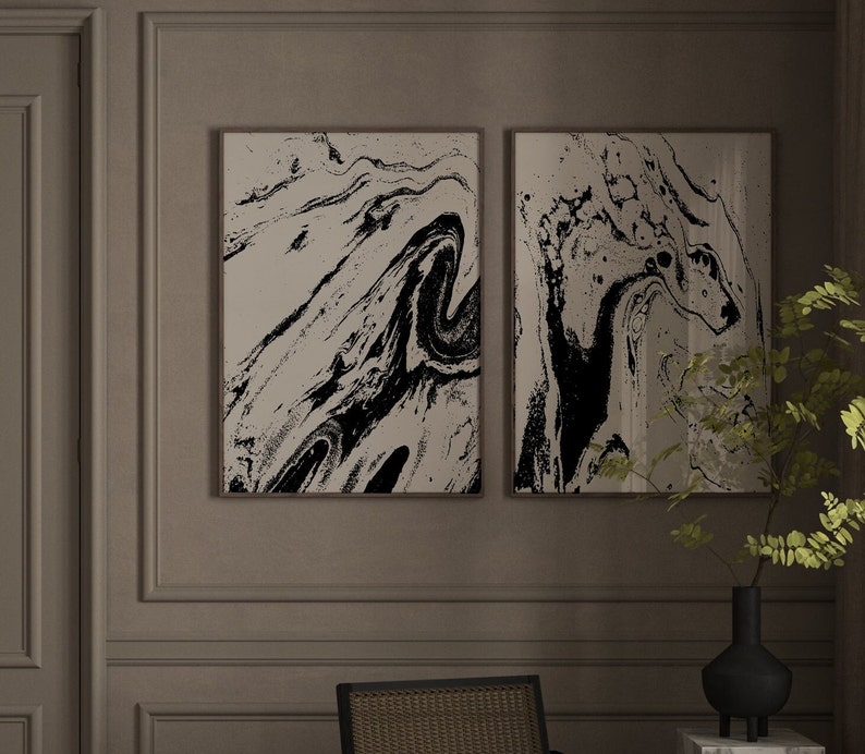 Black Abstract Art Prints Set of 2 Abstract Wall Set Modern - Etsy